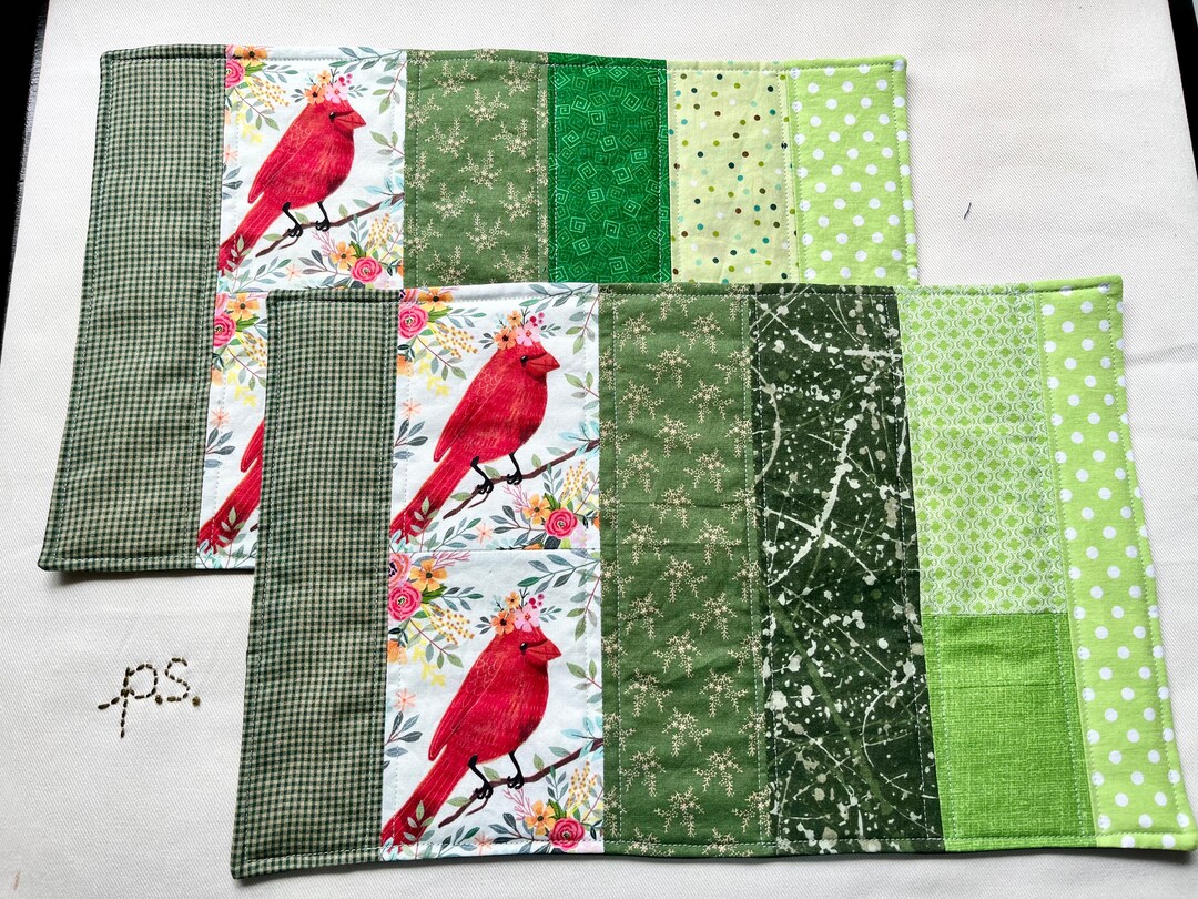 Floral Robin and Green Fabrics Vs Mottled Green Placemats Reversible ...
