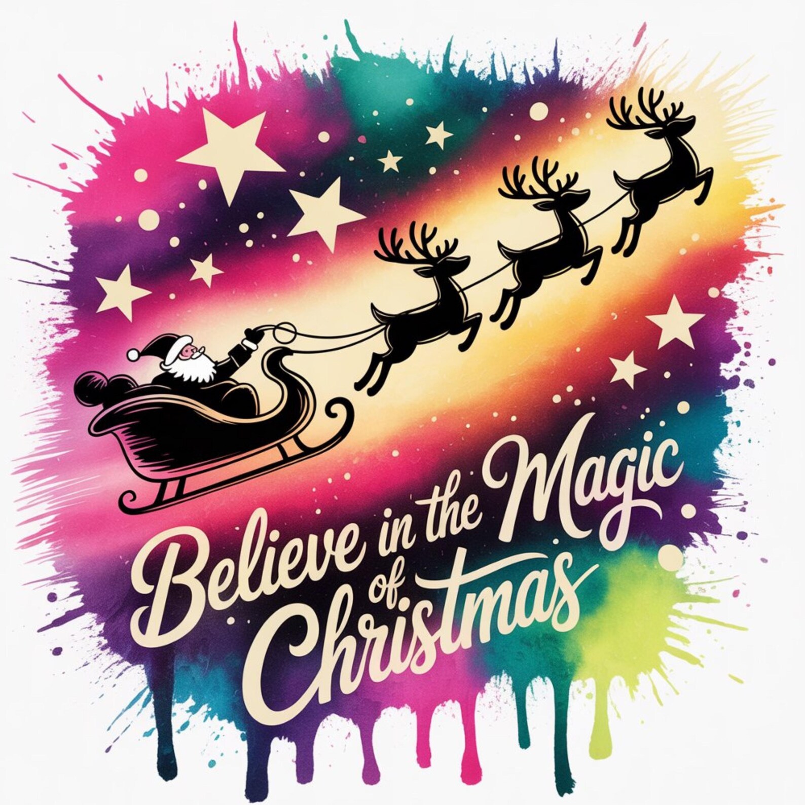 Vibrant Watercolor Santa Sleigh PNG, Cosmic Christmas Sky Digital ...