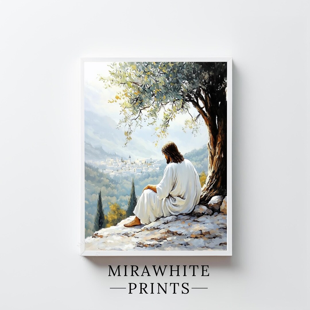 Watercolor Jesus Christ Print – Serene Olive Tree Scene (digital ...