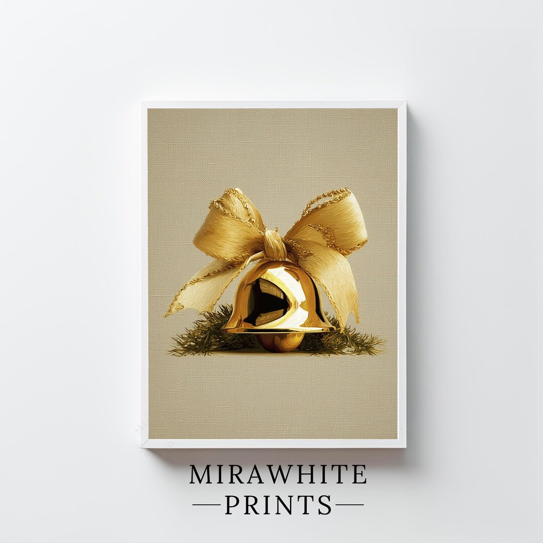 Vintage Christmas Bell PRINTABLE Art, Elegant Gold Ribbon Bow, Festive ...