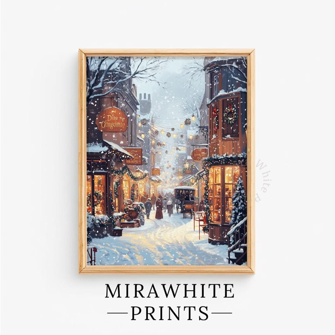 Vintage Christmas Street Scene Printable Art, Cozy 1900s Town, Snowy ...