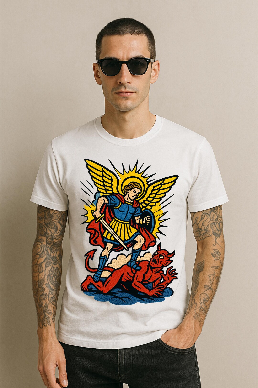 Saint Michael Archangel T-shirt | Vintage American Traditional Tee - Etsy