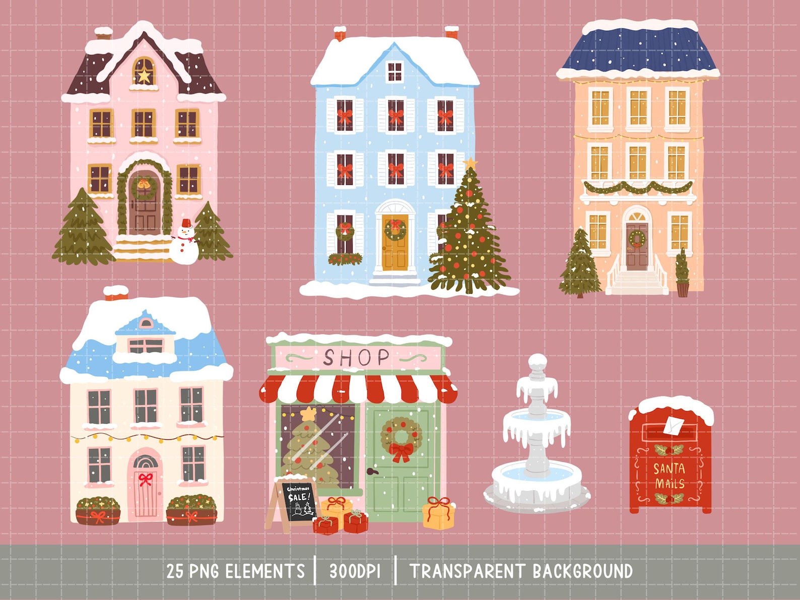 Whimsical Christmas Village Clipart Set | Hand Drawn Winter Town PNG - Etsy