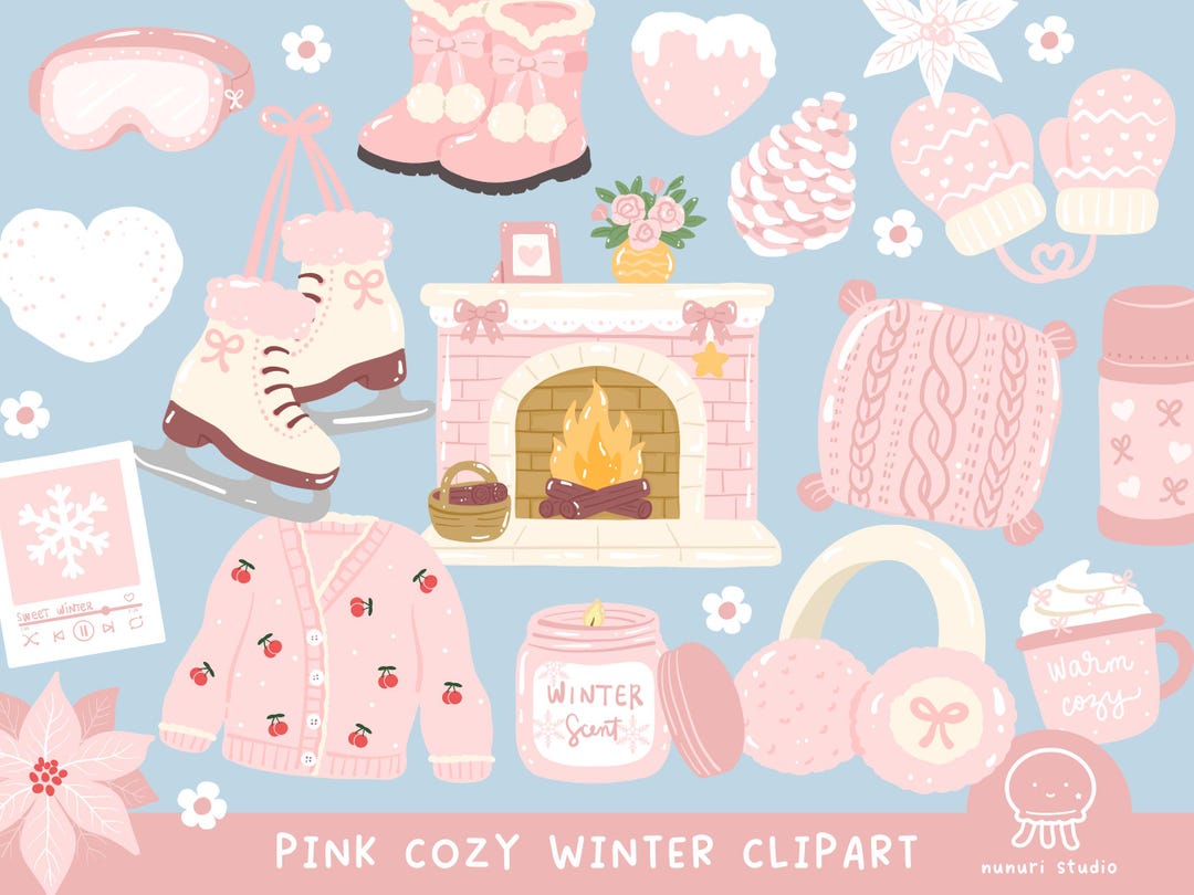 Pink Winter Clipart Set, Cozy Holiday Elements PNG (digital Download ...