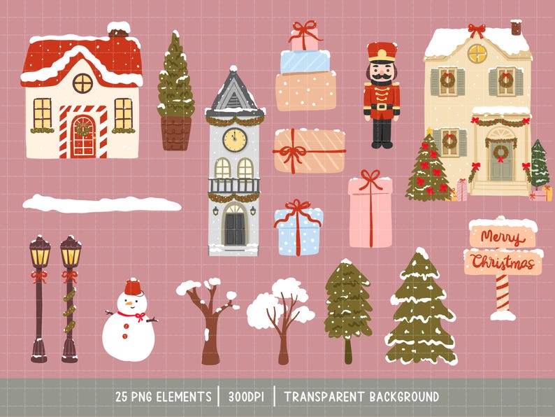 Whimsical Christmas Village Clipart Set | Hand Drawn Winter Town PNG - Etsy