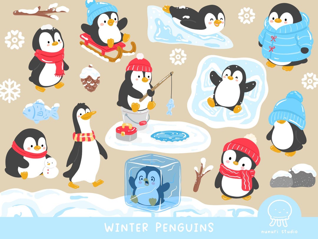 Winter Penguin Clipart Set | Hand Drawn Winter Day Penguins PNG - Etsy