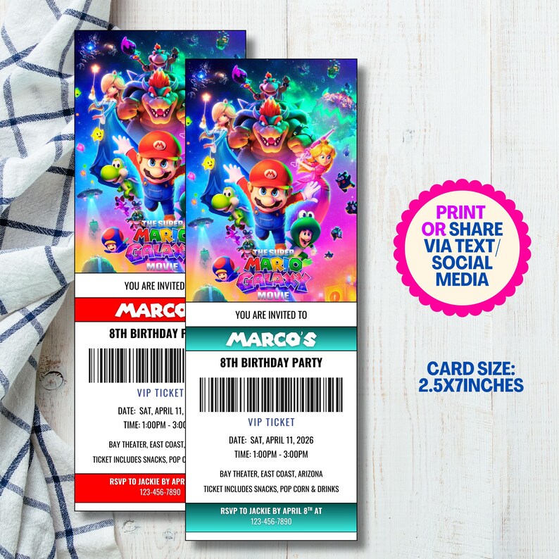 Editable Super Mario Galaxy Movie Ticket Invitation, Super Mario ...