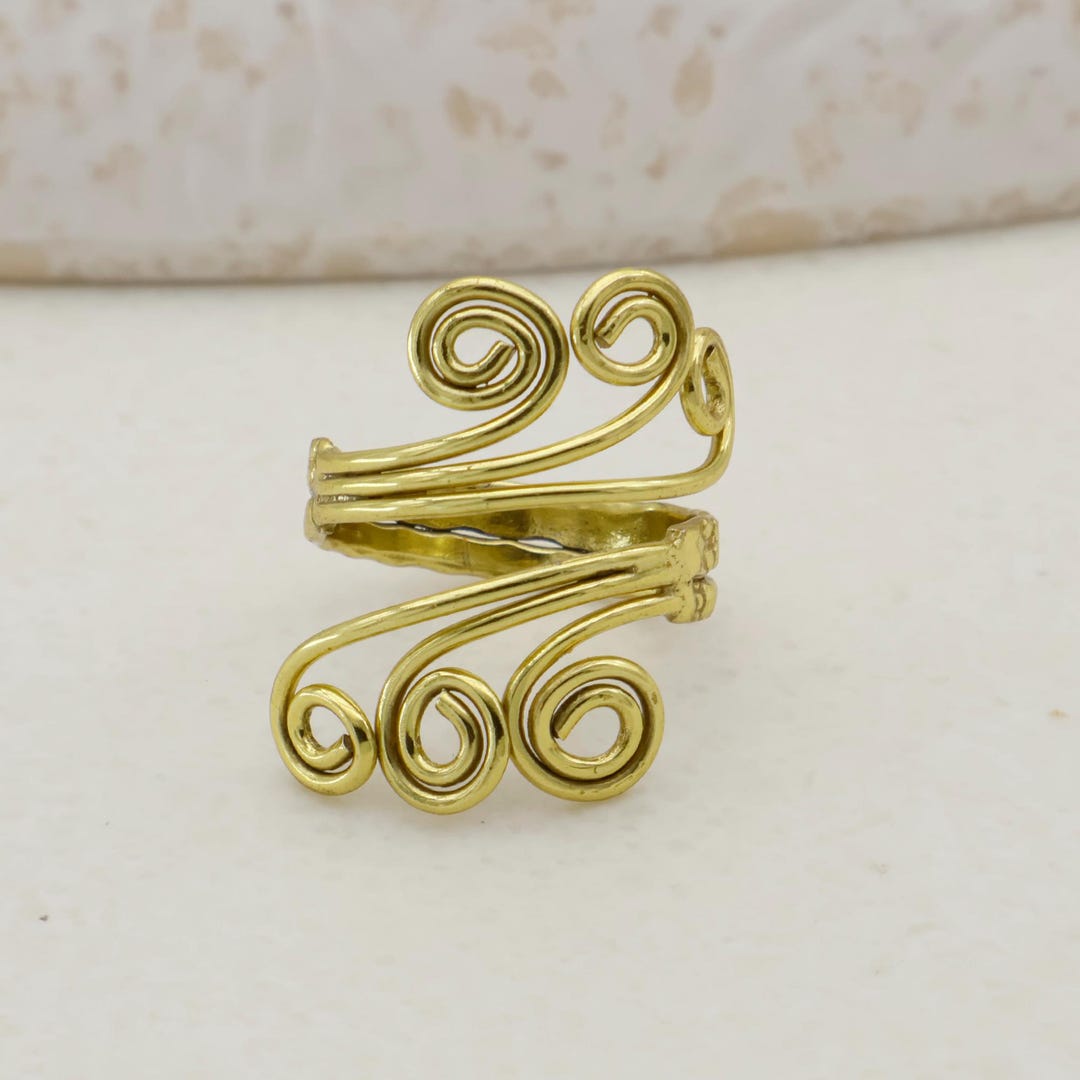 Adjustable Gold Swirl Ring, Spiral Statement Ring, Bohemian Brass Wrap ...