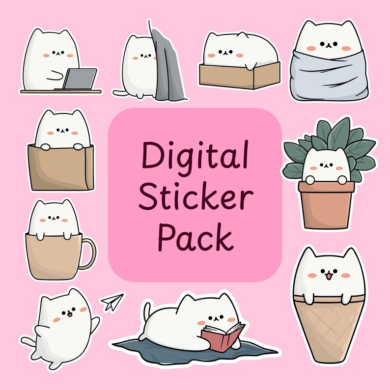 Kawaii Cat Digital Stickers, 50 PNG Clipart for Goodnotes Planner ...