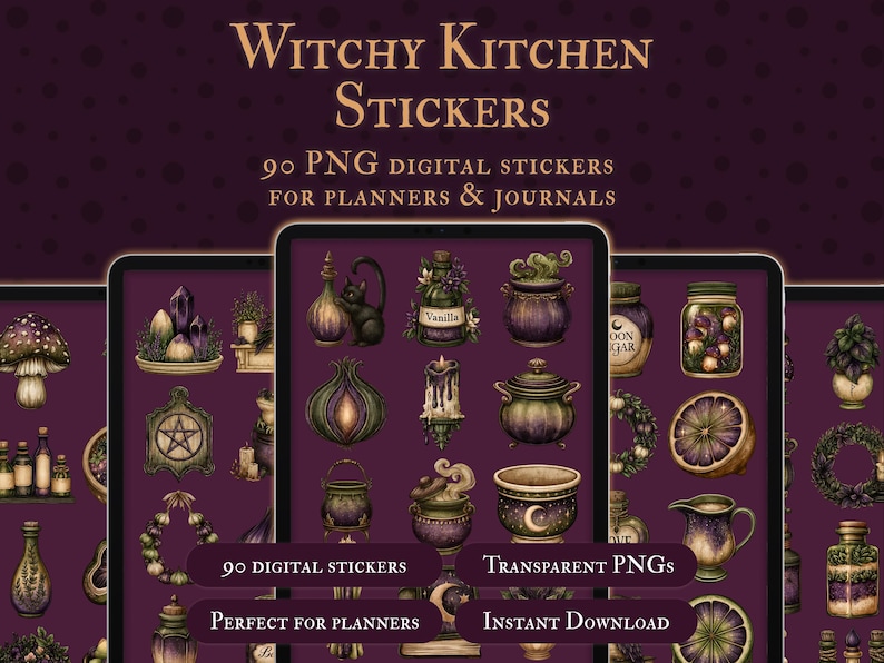Witchy Kitchen Stickers | 90 PNG Cottage Witch Clipart (digital ...