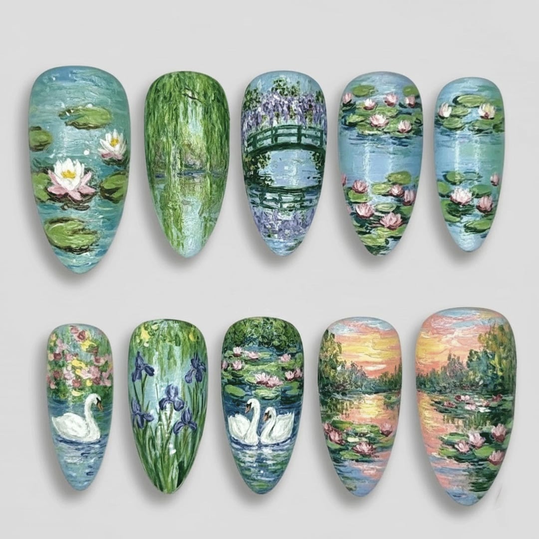 Handmade Monet Garden Press on Nails | Water Lilies, Swan & Oil ...
