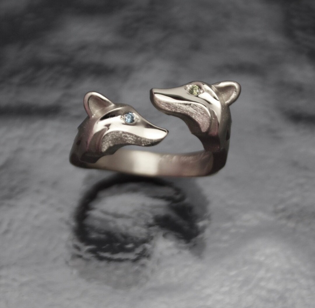Double Fox Ring. Silver , Diamond Eyes - Etsy