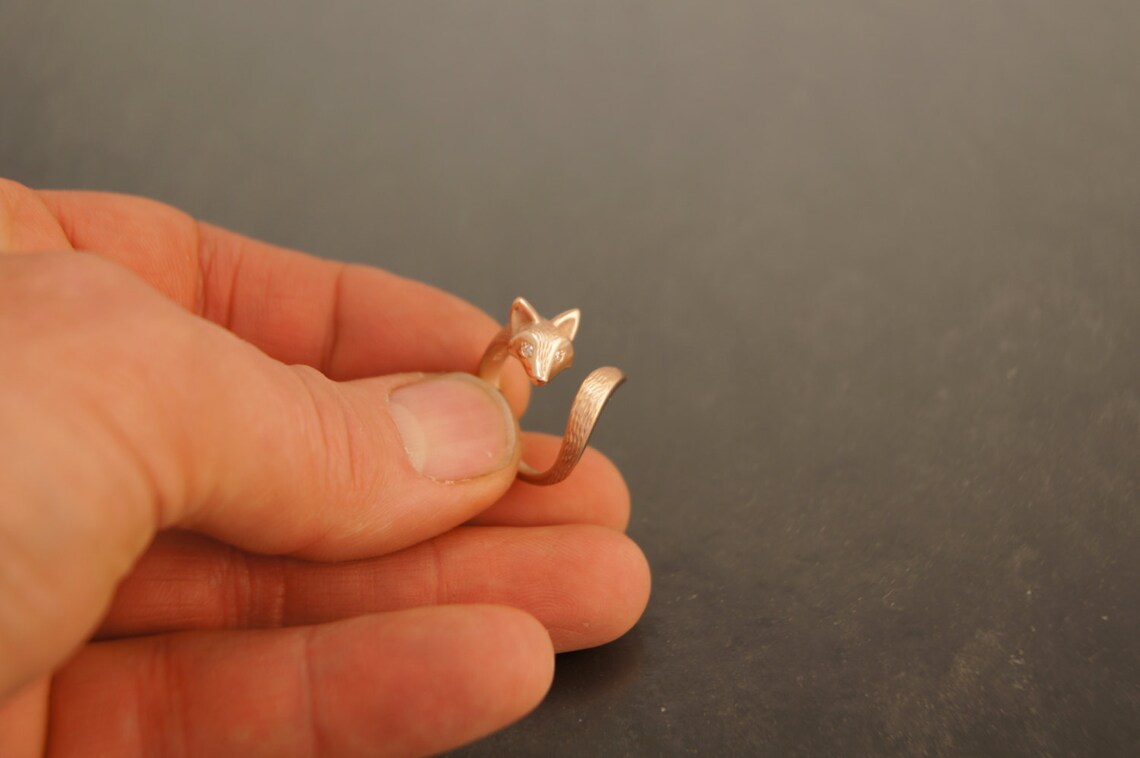 Furred baby fox ring 14 kt. gold. diamond eyes | Etsy