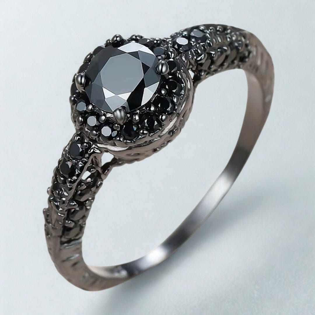 Gothic Black Crystal Ring Dark Vintage Black Zircon Halo Ring ...