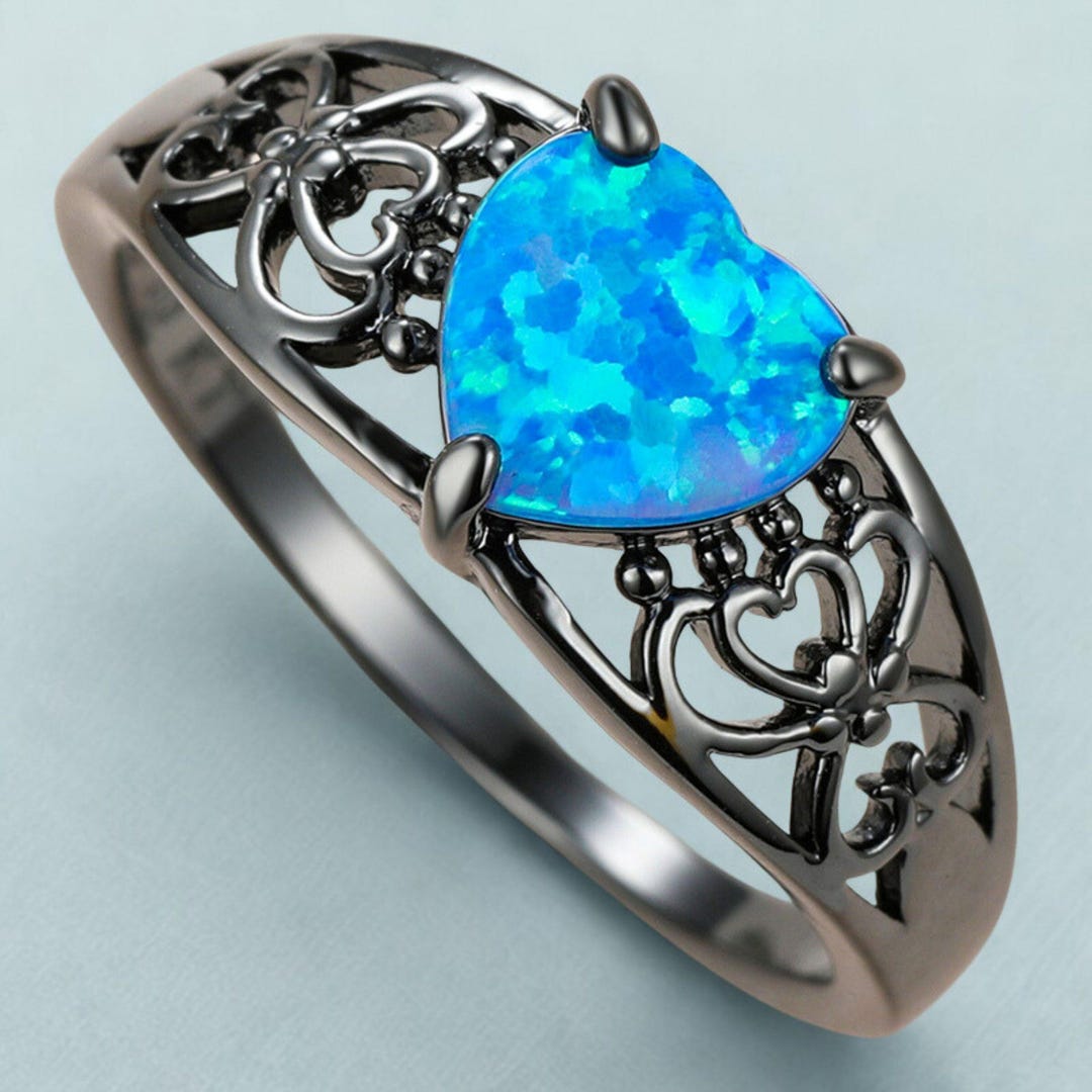 Gothic Heart Ring: Blue Opal, Black Rhodium Witchcore Jewelry - Witch ...