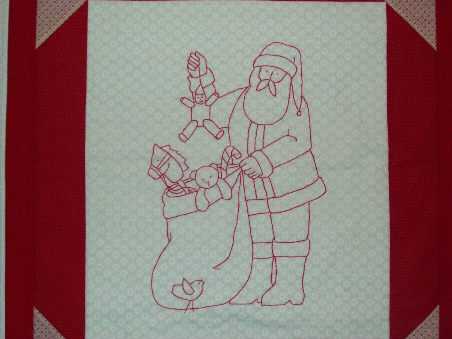 Redwork Santa Handstitched Christmas Quilt Reds White Embroidery ...