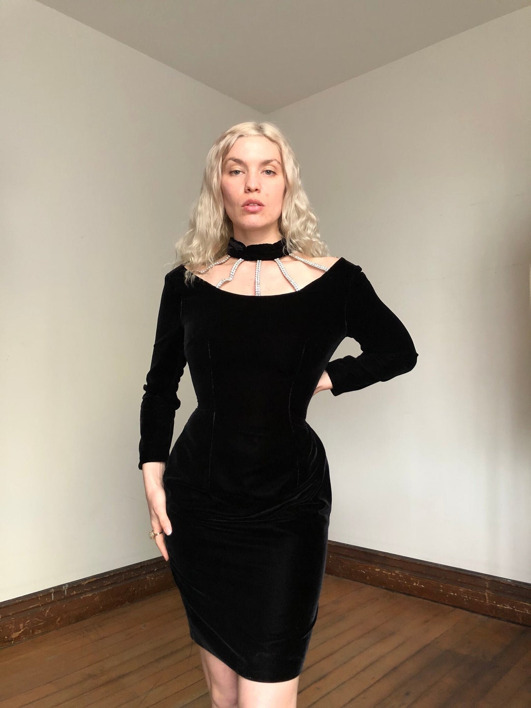 SALE // Vintage 1980s Rhinestone Cage Neck Dress {s} - Etsy