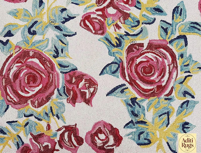 Hand-tufted Loop Rose Rug, Vintage Floral Wool Area Rug, Cottagecore ...