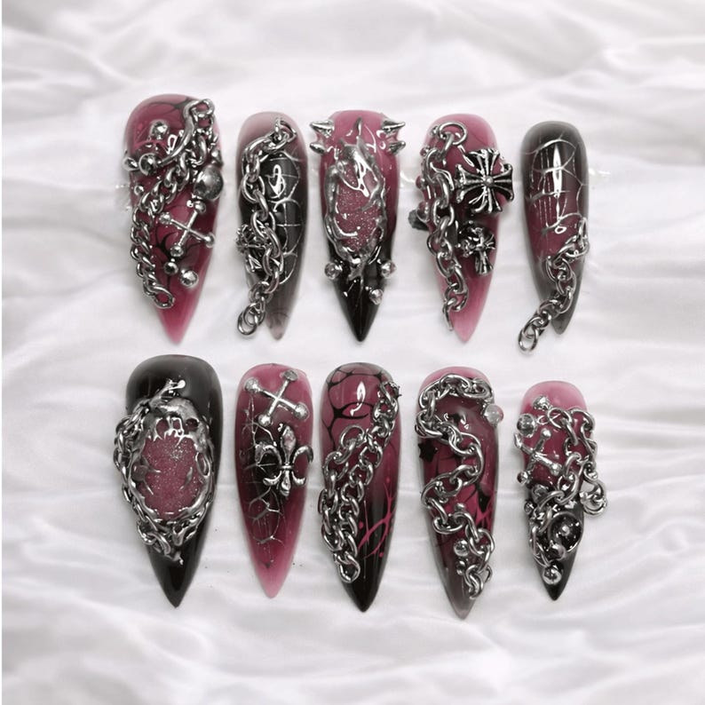 3D Gothic Chain Press on Nails | Pink & Black Nails | Edgy Punk Fake ...