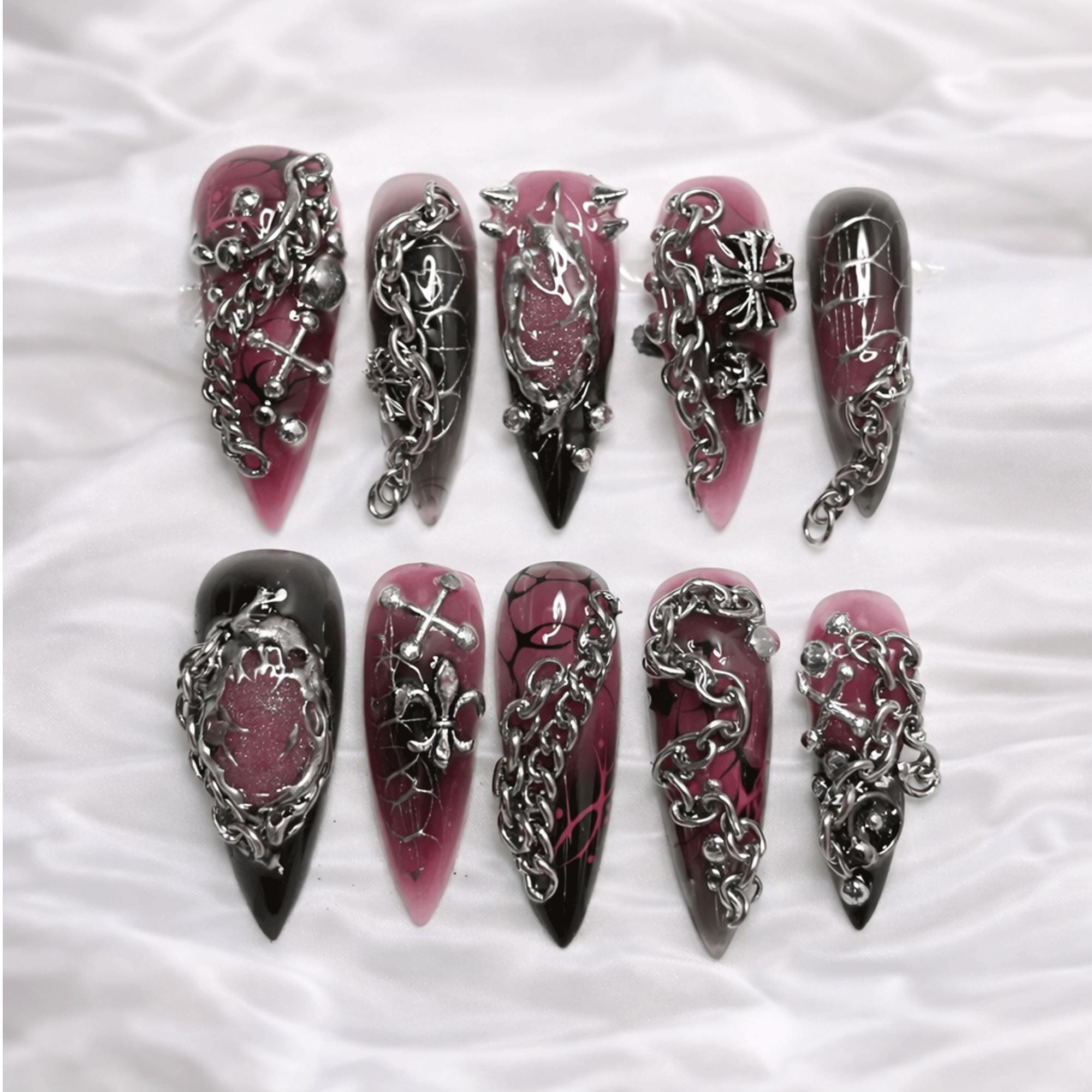 3D Gothic Chain Press on Nails | Pink & Black Nails | Edgy Punk Fake ...
