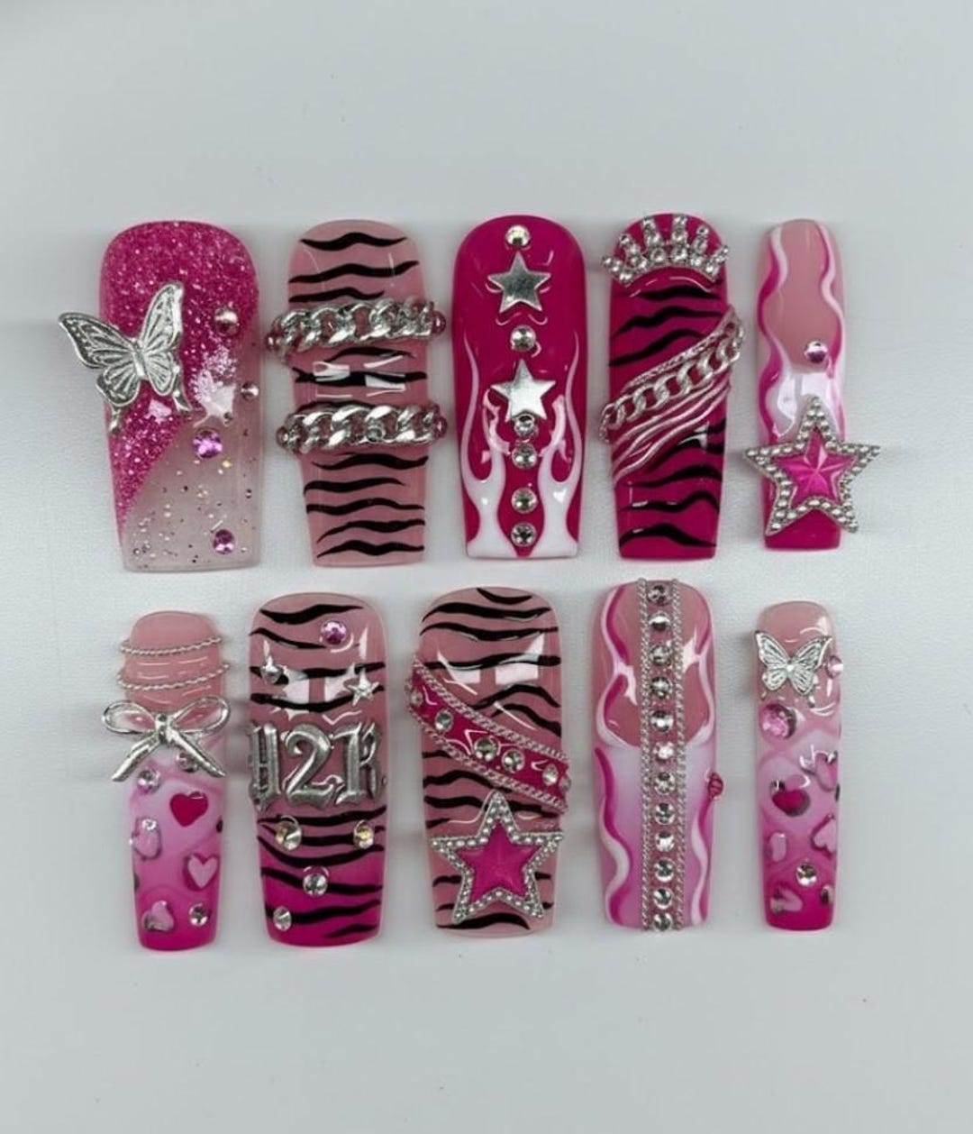 Handmade Hot Pink Zebra Press on Nails, 3D Silver Star, Y2K Gyaru - Etsy