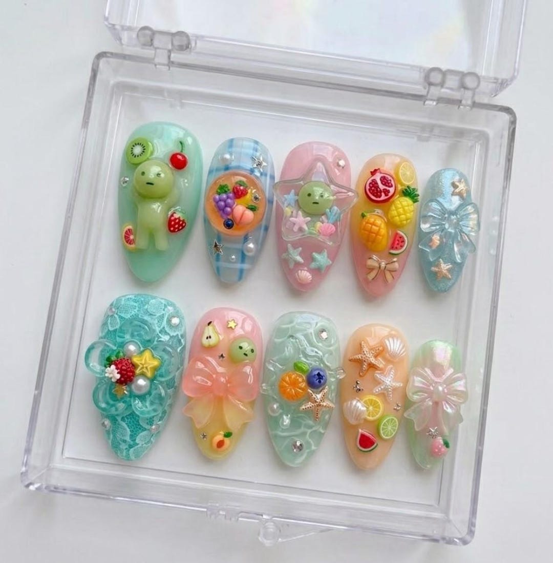 Handmade Kawaii Fruit Press on Nails, 3D Summer Jelly Fruit Design ...