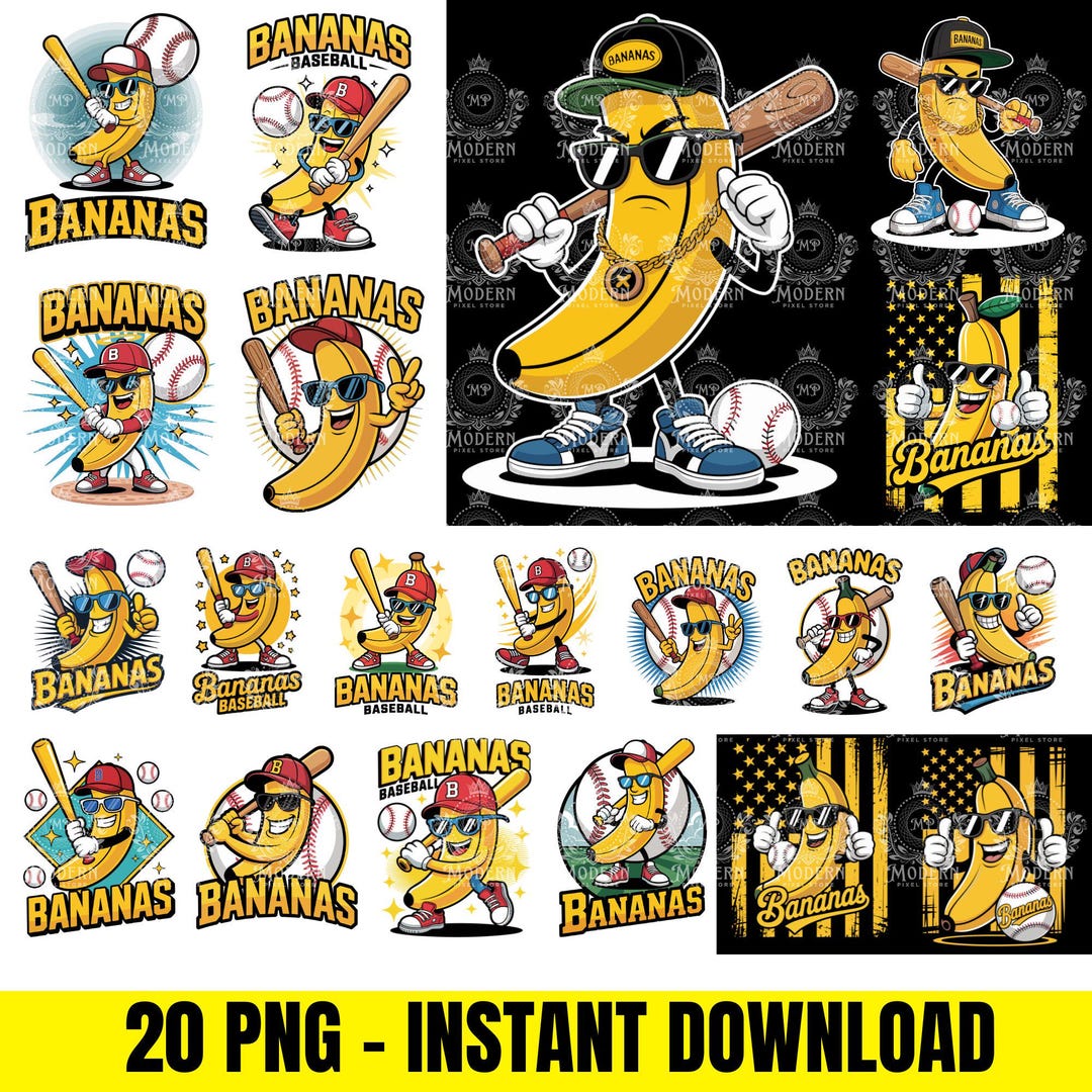 20 Let's Go Bananas Baseball PNG Bundle Funny Banana Playing Baseball ...