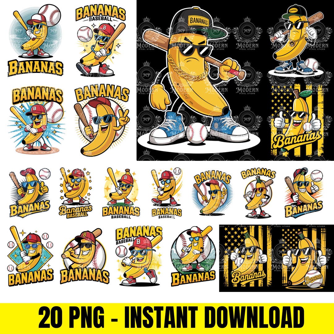 20 Let's Go Bananas Baseball PNG Bundle Sports Team Mascot Funny Banana ...