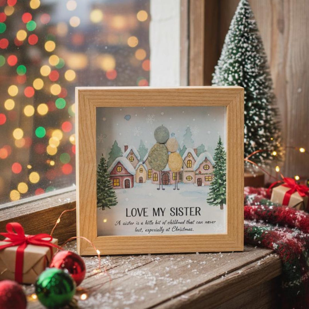 Sister Christmas Village Frame | Custom Pebble Art | Unique Sister Gift ...