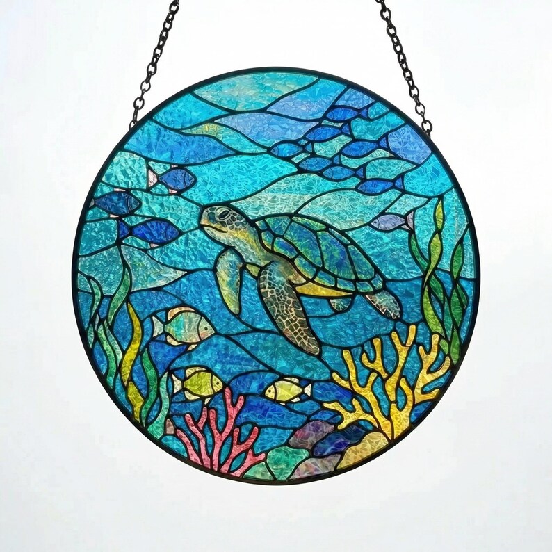 Sea Turtle Suncatcher, Ocean Stained Glass Window Hanging, Marine Life ...