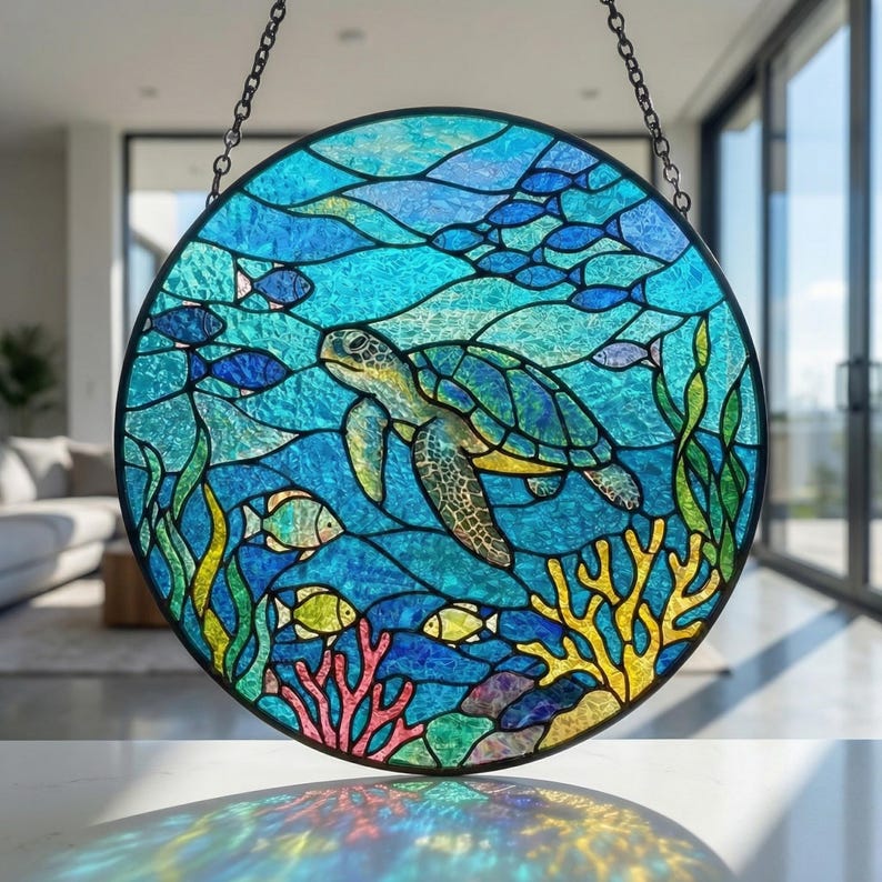Sea Turtle Suncatcher, Ocean Stained Glass Window Hanging, Marine Life ...