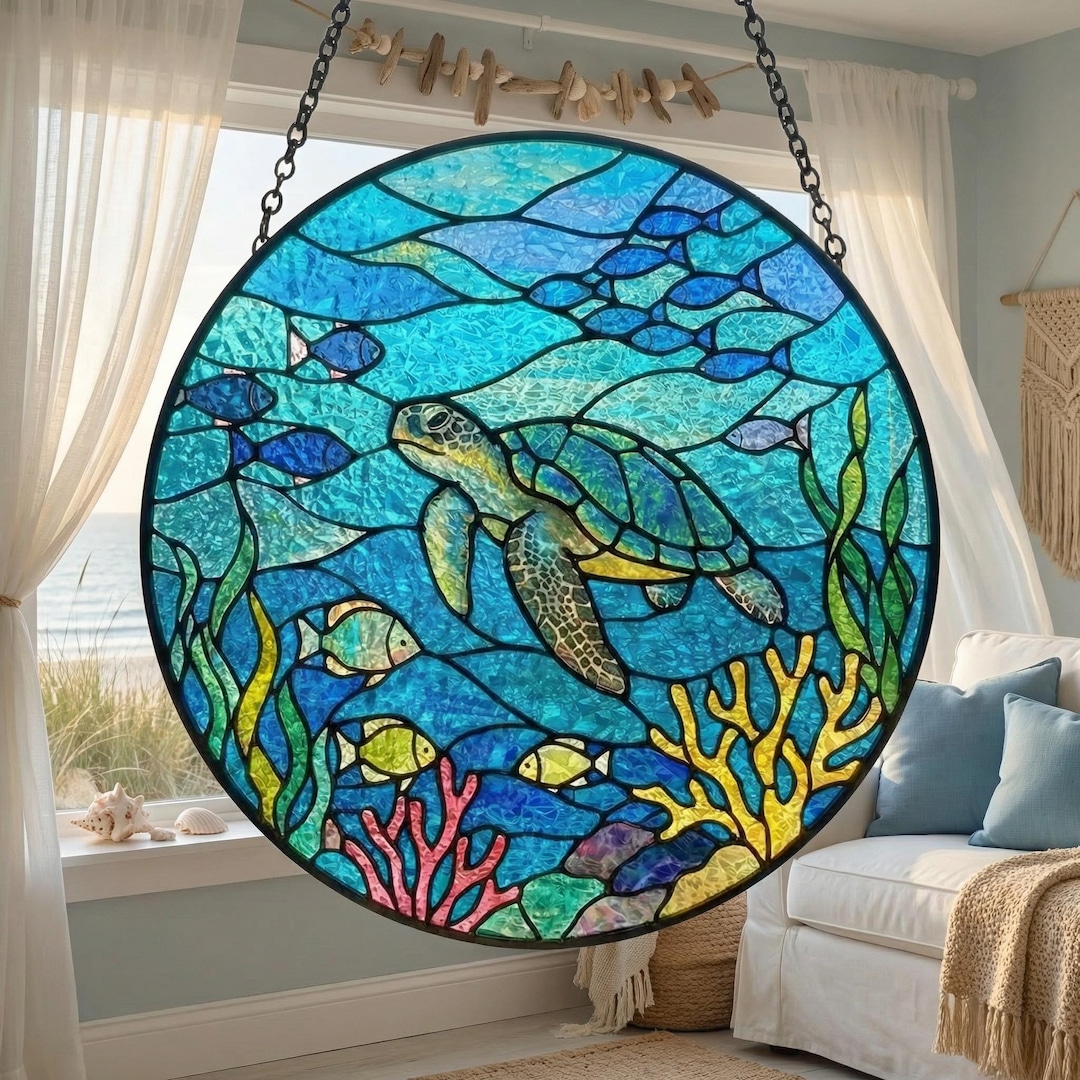 Sea Turtle Suncatcher, Ocean Stained Glass Window Hanging, Marine Life ...