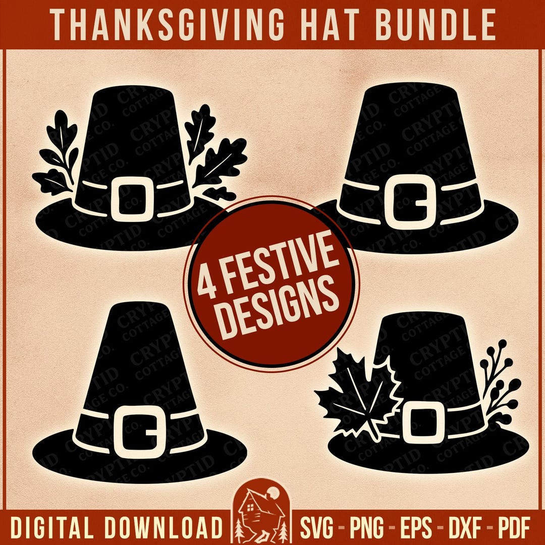 Pilgrim Hat SVG Bundle | 4 Cute Buckle Hat Silhouettes | Thanksgiving ...