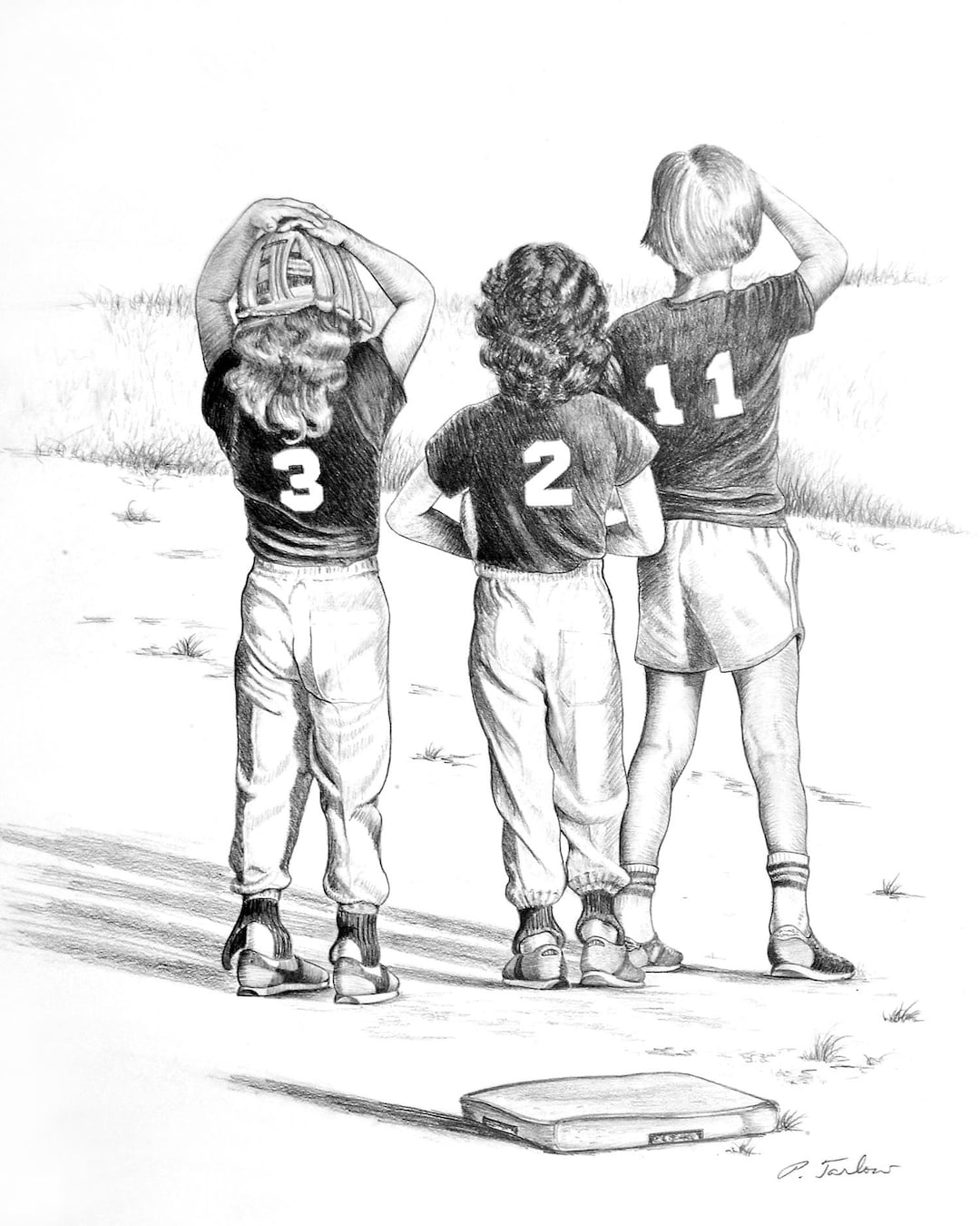 Children Playing, Girls and Boy Art Print, Softball Game Art, Children ...