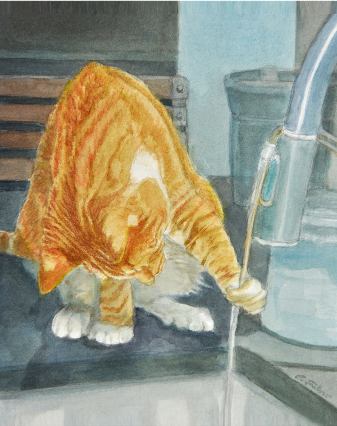 Orange Tabby Cat at Sink Art Print, Cat Playing With Water, Ginger ...