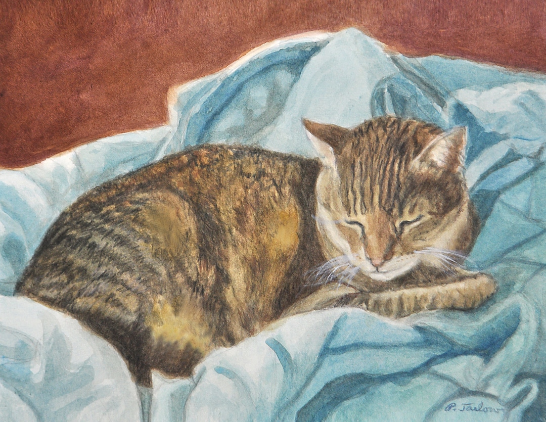 Tabby Cat on Quilt Art Print, Tabby Cat Sleeping Watercolor Giclee ...