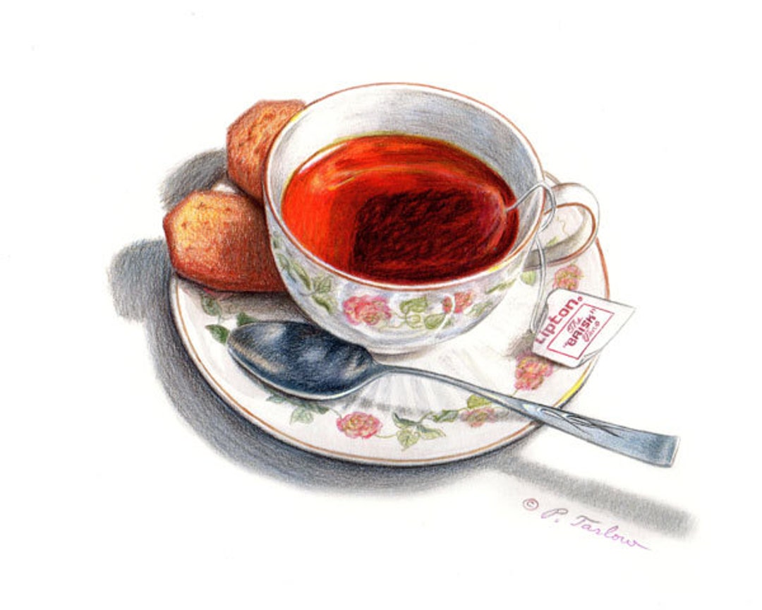 Cup of Tea & Biscuits Food Art Print, Kitchen Art, Food Illustration ...