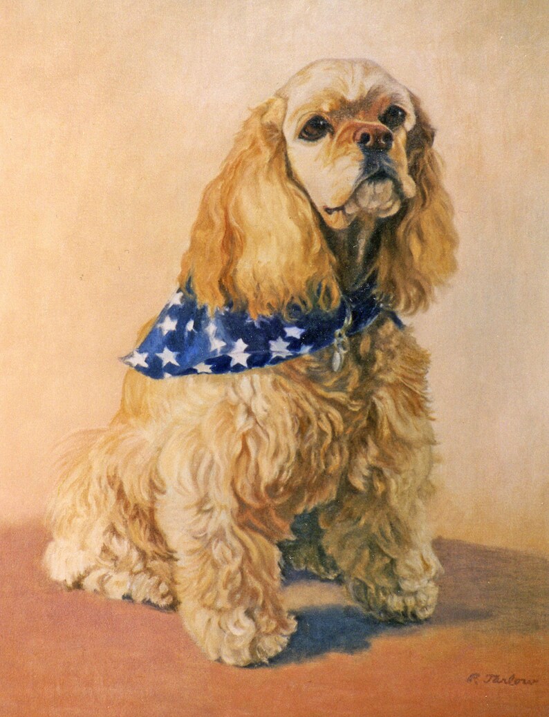 Cocker Spaniel Art Print, Dog With Blue Scarf, Cockerspaniel Sitting ...