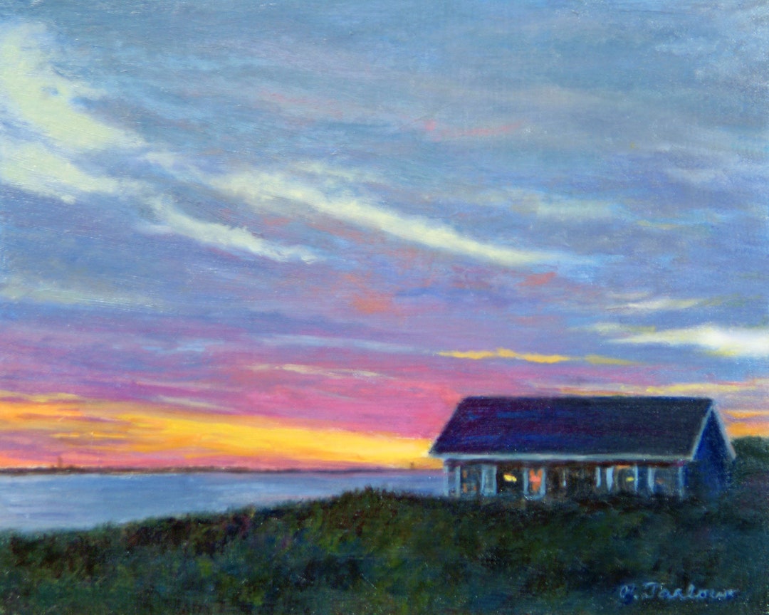 Cape Cod Cottage at Sunset Art Print, Home Decor Wall Art, Beach Oil ...