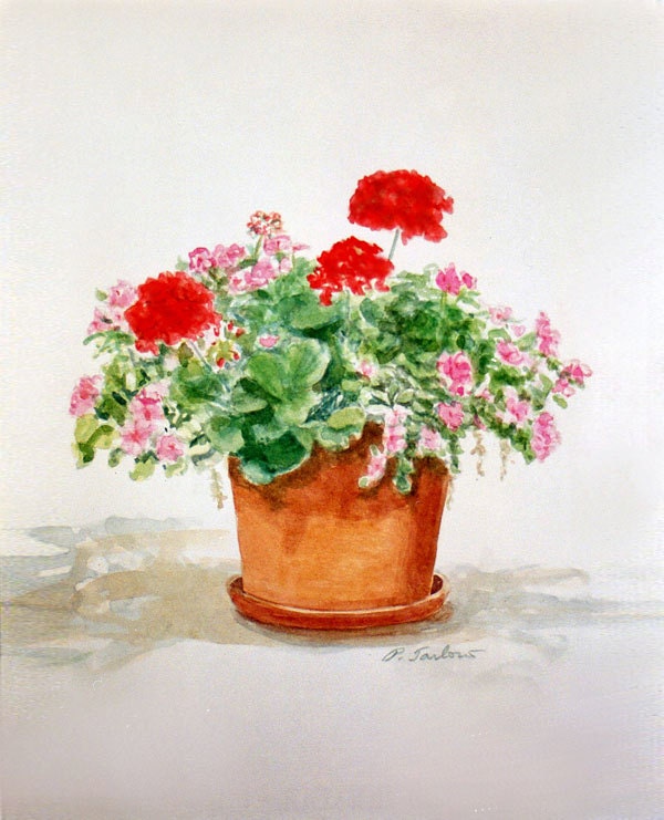 Geranium Art Print Red Geraniums in Planter Art Watercolor - Etsy