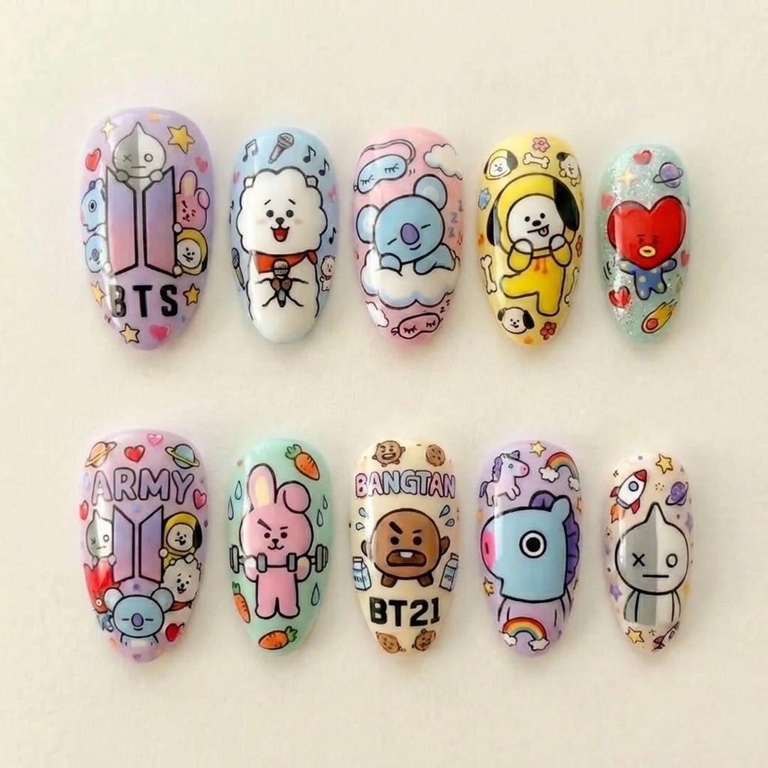 BT21 Press on Nails | Kawaii Doodle, Bangtan Army Handmade Gel Nails - Etsy