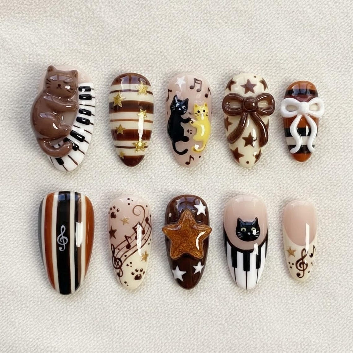 3D Piano Cat Press on Nails | Musical Note Art, Brown & Gold - Etsy