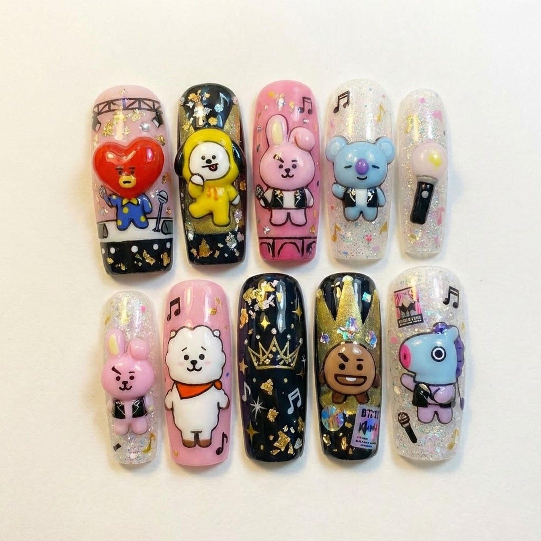 BT21 Press on Nails | 3D Figures, Lightstick, Gold Star Gel Nails - Etsy