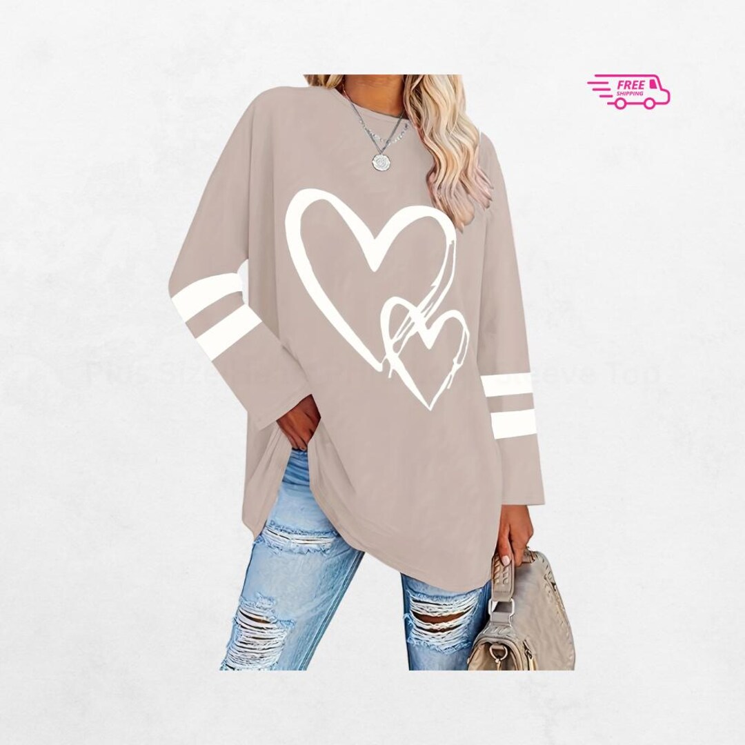 Plus Size Heart Print Long Sleeve Top, Eyelet Hollow Casual T-shirt - Etsy