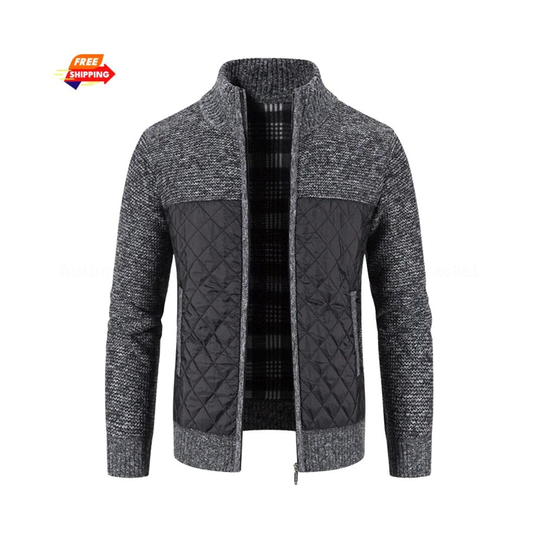 Men's Slim Fit Knit Jacket, Quilted Panel, Stand Collar - Etsy
