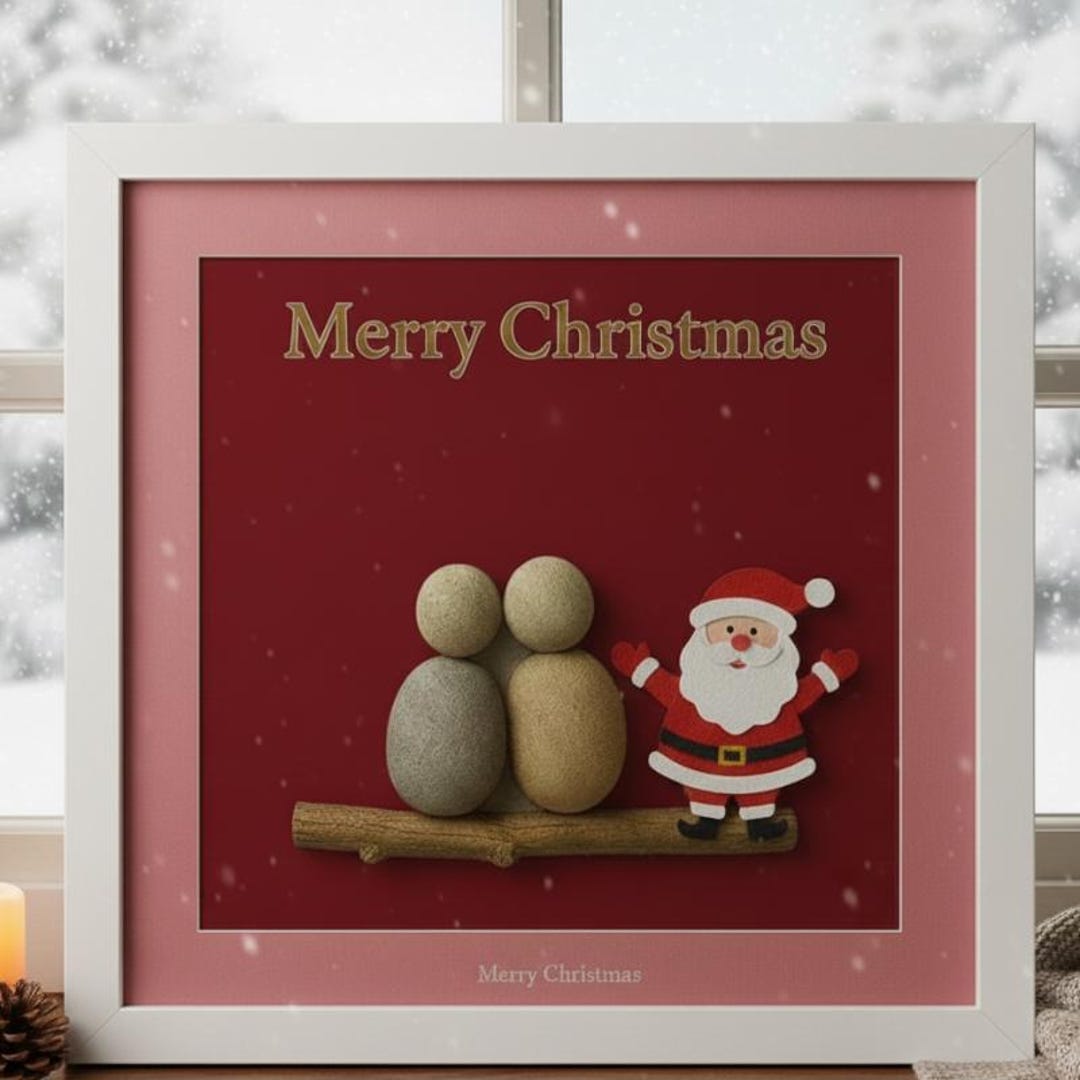 Merry Christmas Pebble Art Frame: Couple Stone Figures & Santa Claus ...