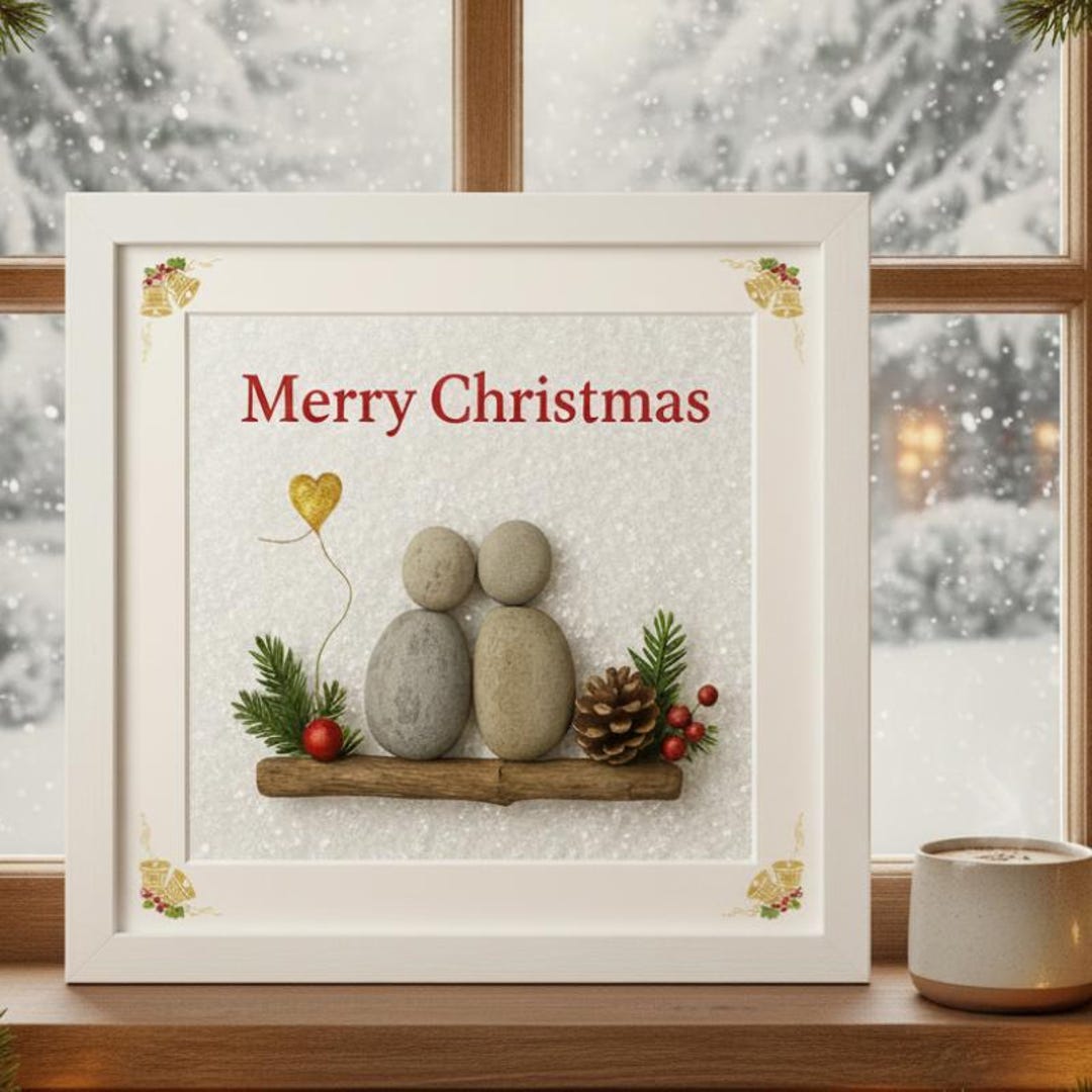 Merry Christmas Pebble Art for Couples | White Frame Stone Art | Unique ...
