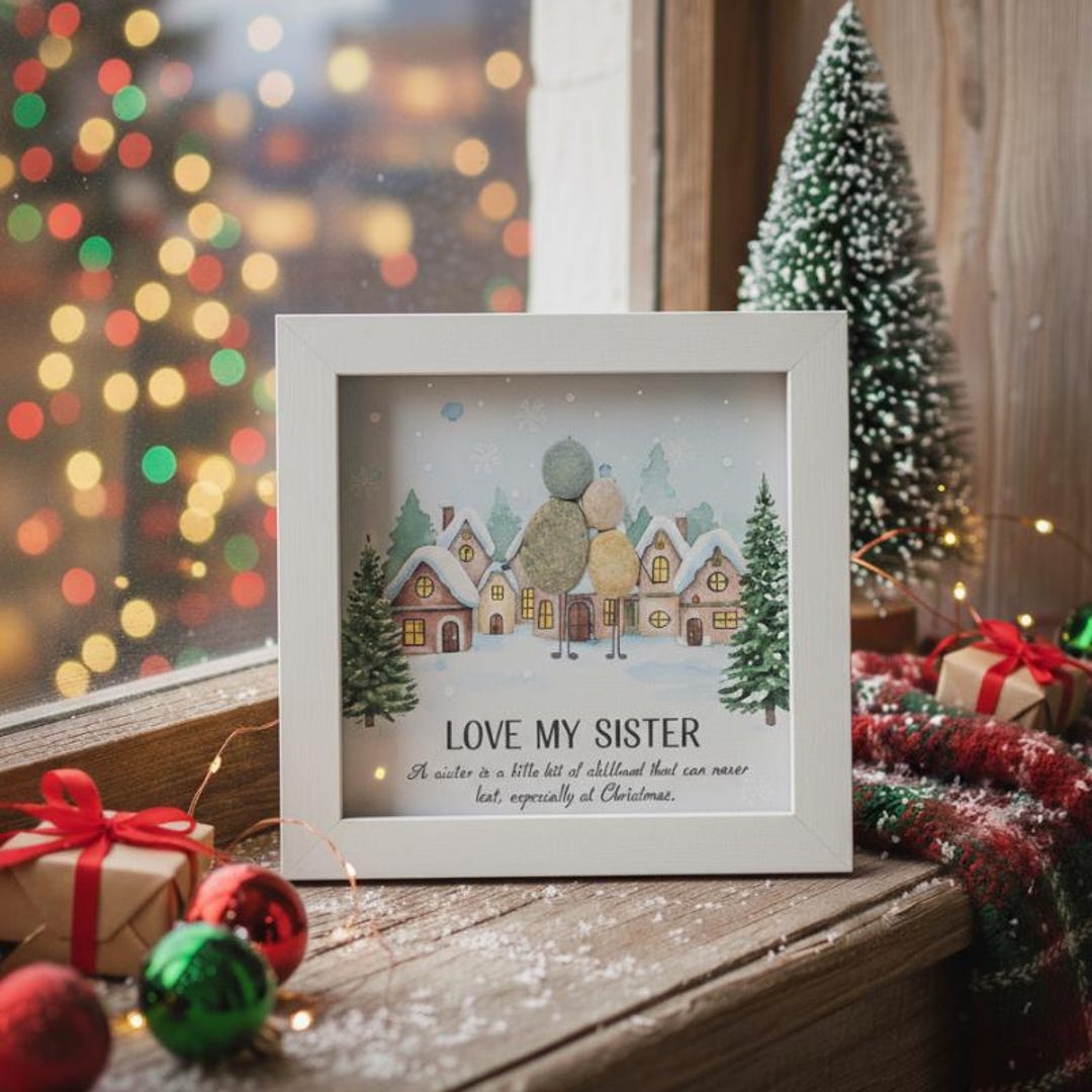 Sister Christmas Village Frame | Custom Pebble Art | Unique Sister Gift ...