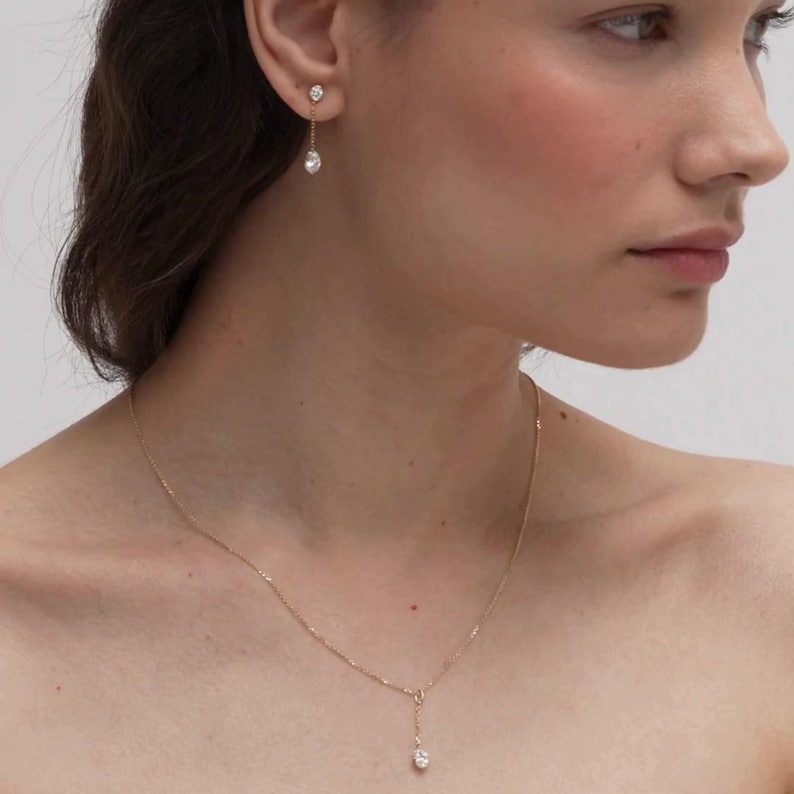 Diamond Dangle Drop Earring Ear Stud Chain Jacket Front Back 14k 18k ...