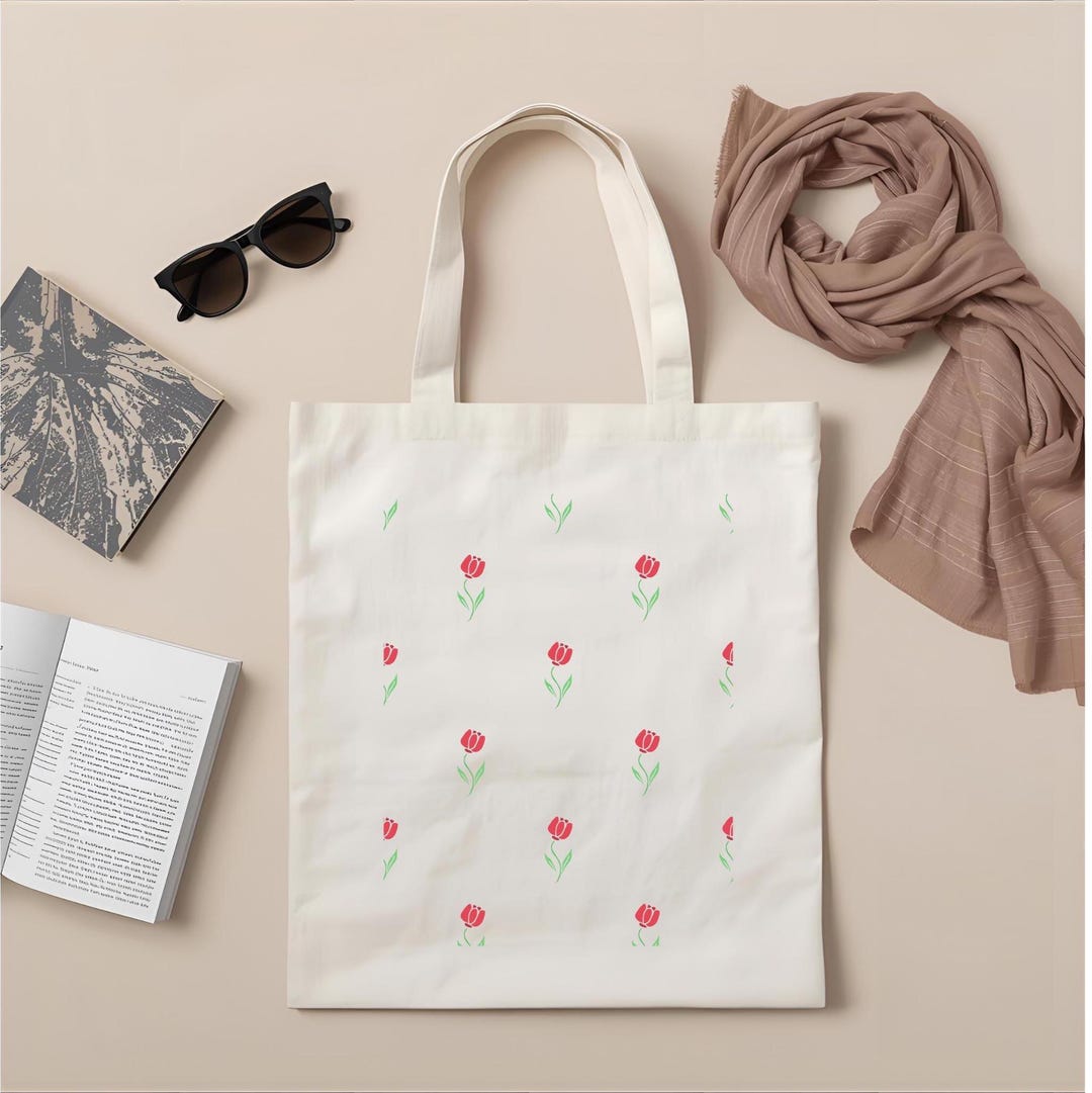 Floral Tote Bag With Red Flowers | Cotton Canvas Reusable Shopping Bag ...